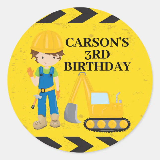 Cool Construction Excavator Custom Kids Birthday Classic Round Sticker ...