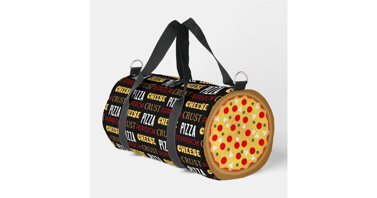 Cool fun pizza pepperoni pattern cheese crust text duffle bag | Zazzle