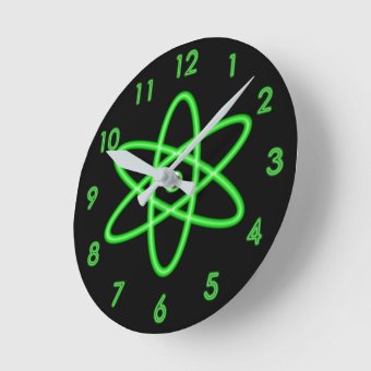 Cool Fun Unique Neon Light Green Atomic Symbol Round Clock | Zazzle