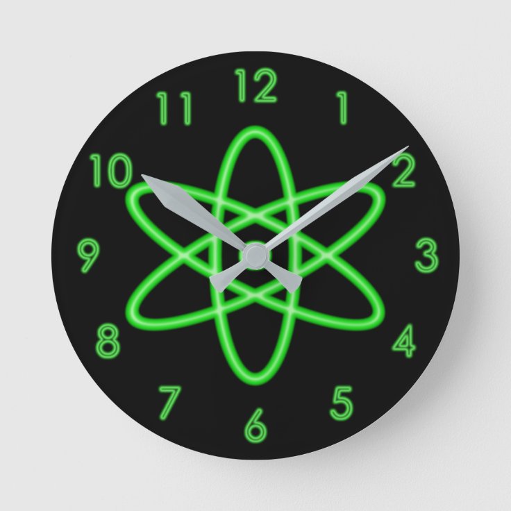 Cool Fun Unique Neon Light Green Atomic Symbol Round Clock | Zazzle