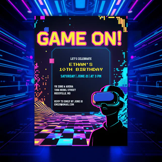 Cool Gamer Party Glitch Theme VR Birthday Invitation | Zazzle