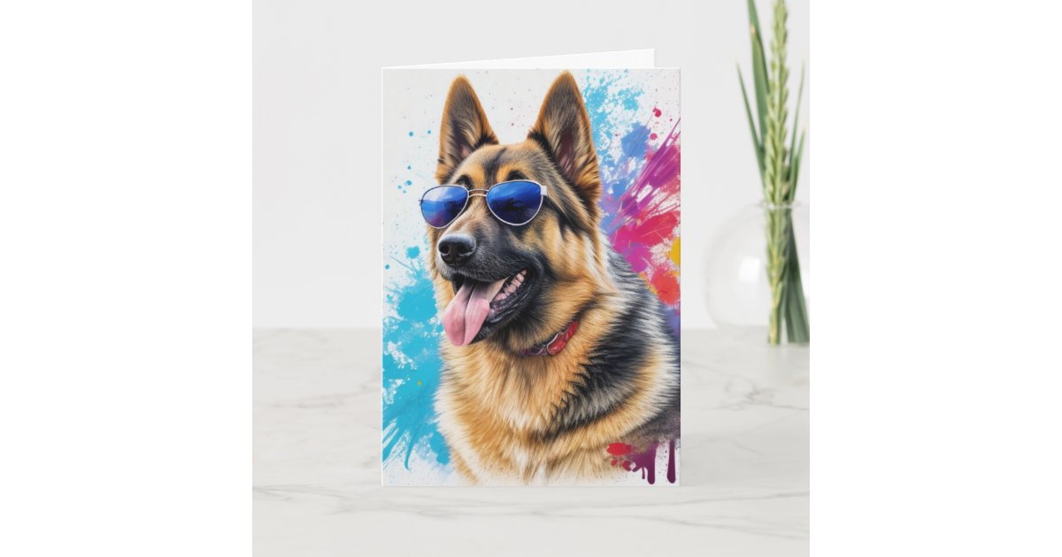 Cool German Shepherd Wearing Sunglasses Splash Art Card | Zazzle