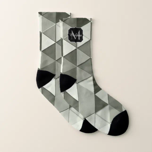 Cool Grayscale triangle geometric pattern Monogram Socks | Zazzle
