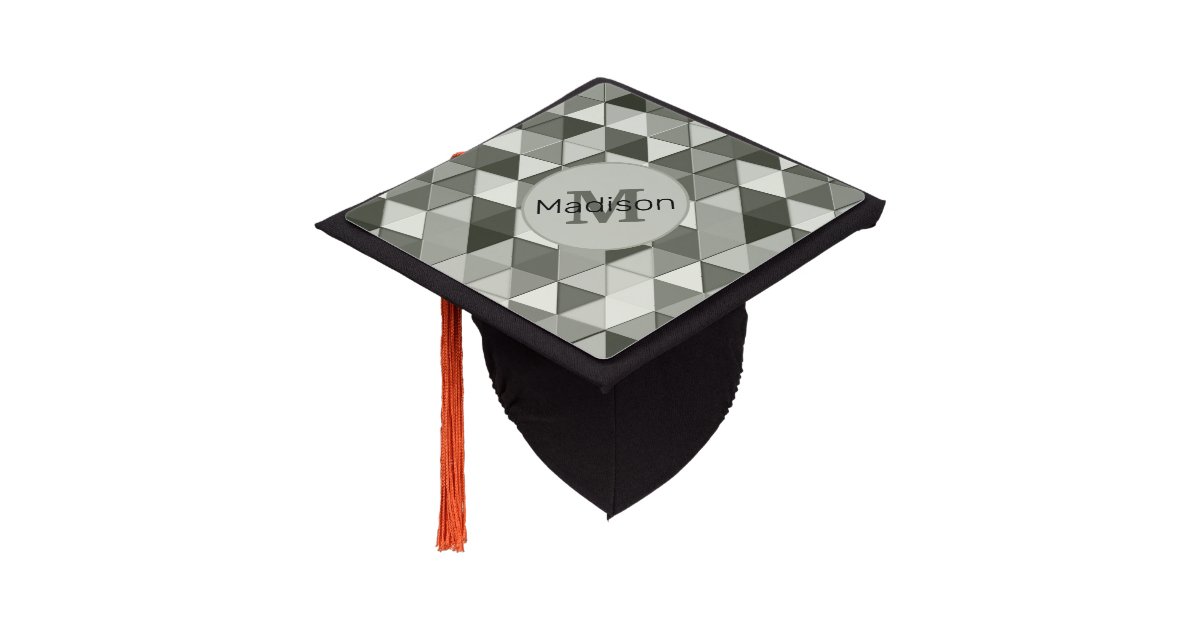 Cool Grayscale triangles geometry pattern Monogram Graduation Cap ...