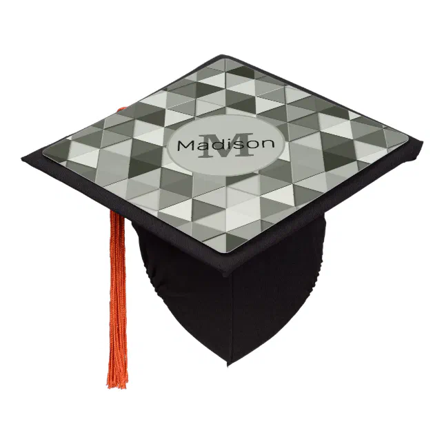 Cool Grayscale triangles geometry pattern Monogram Graduation Cap ...