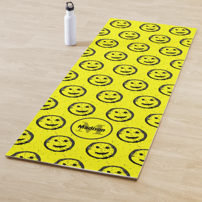 Cool Happy Smiling face pattern yellow Monogram Yoga Mat | Zazzle