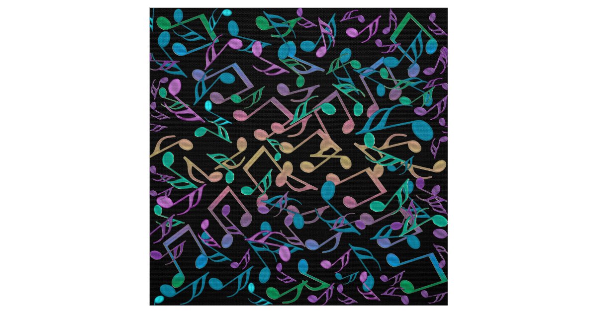 Cool Hued Music Notes Colorful Black Fabric | Zazzle