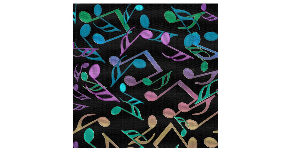 Cool Hued Music Notes Colorful Black Fabric | Zazzle