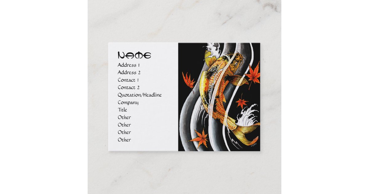 Cool japanese gold lucky koi carp black ink water business card | Zazzle