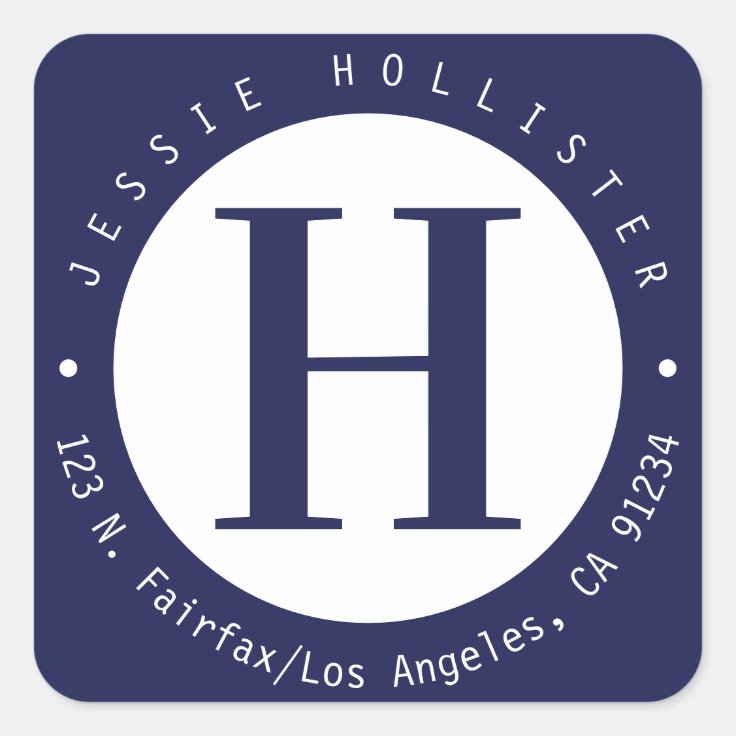 Cool Navy Blue Circle Monogram Return Address Square Sticker | Zazzle