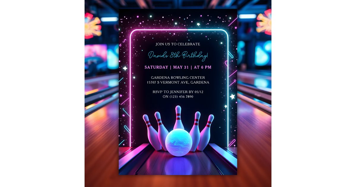 Cool Neon Glow Bowling Birthday Party Invitation | Zazzle