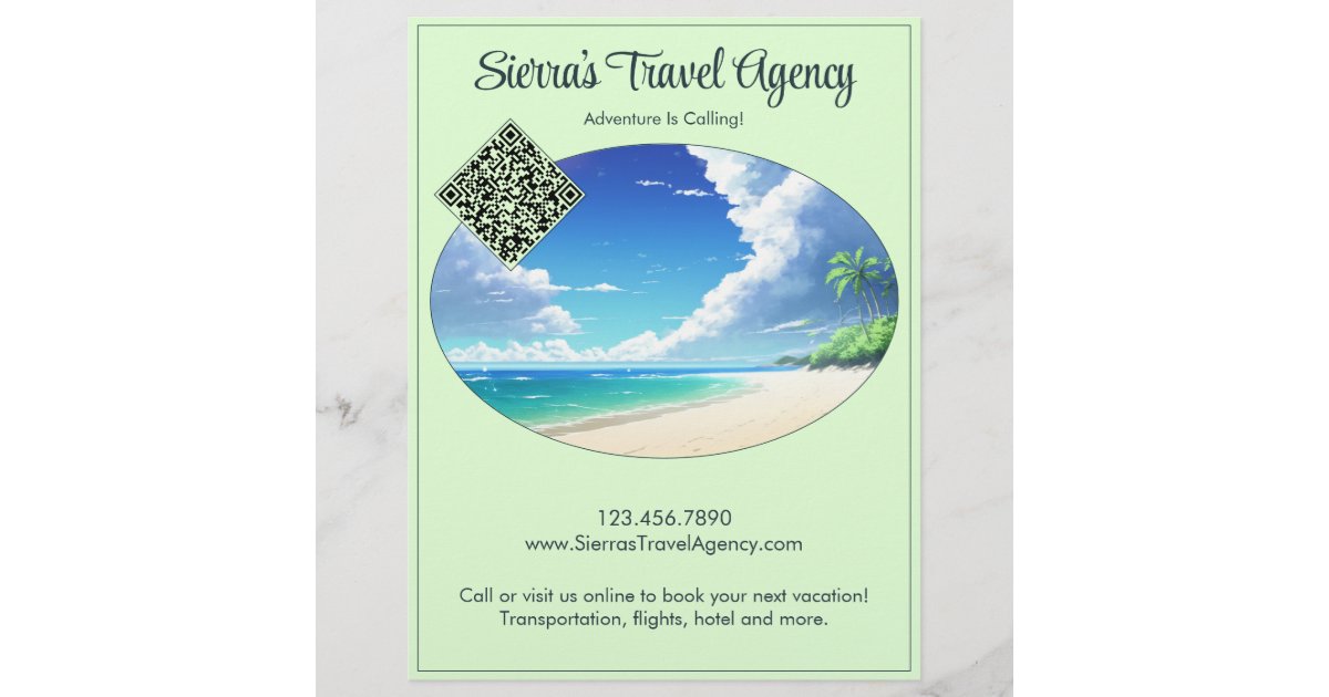 Cool Ocean Tropical Sandy Beach QR Code Green Flyer | Zazzle