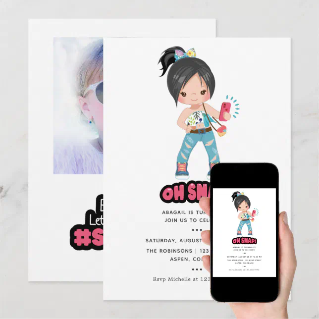 Cool Oh Snap! Selfie Girl Birthday Party Invitation | Zazzle