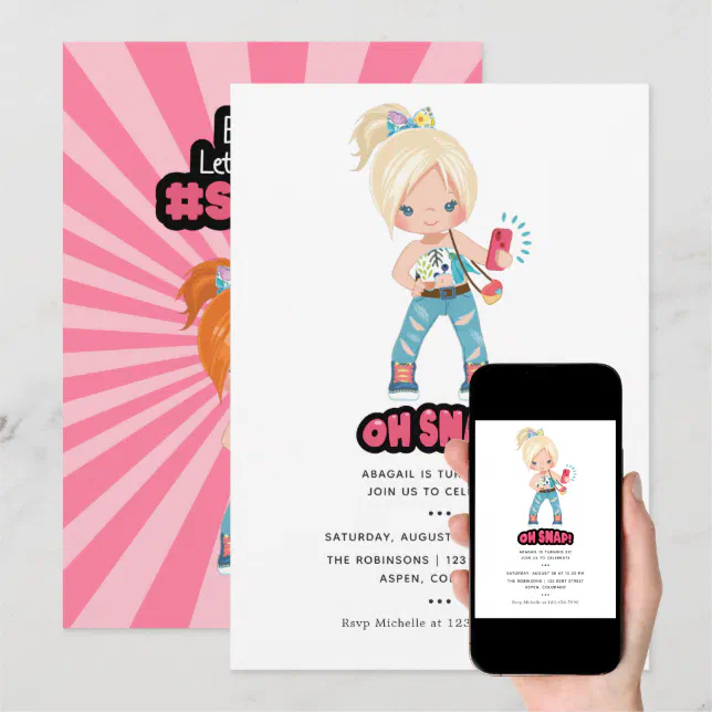 Cool Oh Snap! Selfie Girl Birthday Party Invitation | Zazzle
