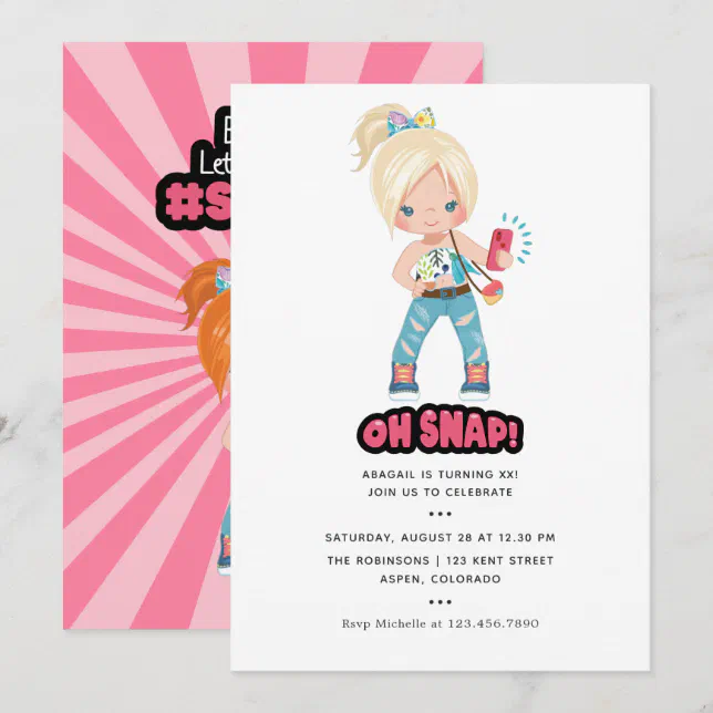 Cool Oh Snap! Selfie Girl Birthday Party Invitation | Zazzle