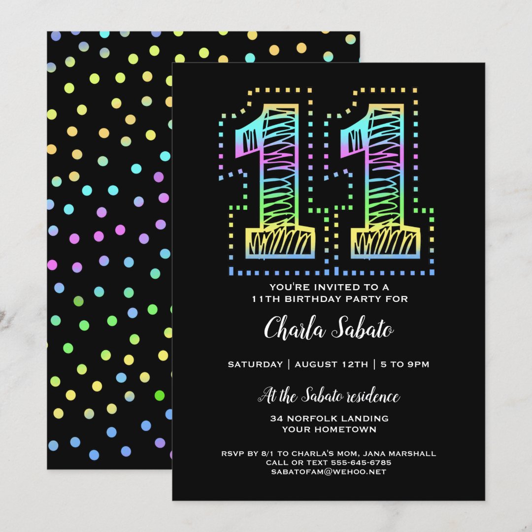 Cool on Black Fun 11th Birthday Party Invitation | Zazzle