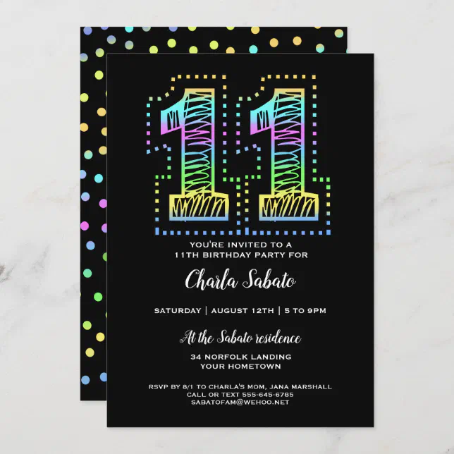 Cool on Black Fun 11th Birthday Party Invitation | Zazzle