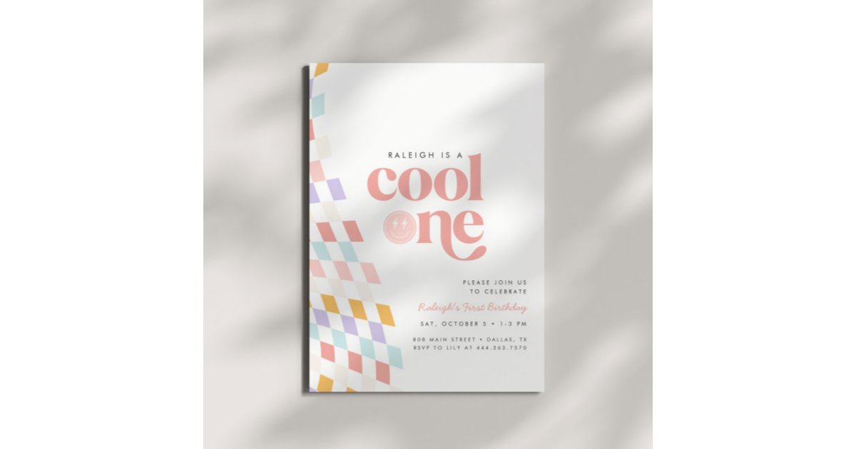 Cool One Girl's First Birthday Checkered Retro Invitation | Zazzle