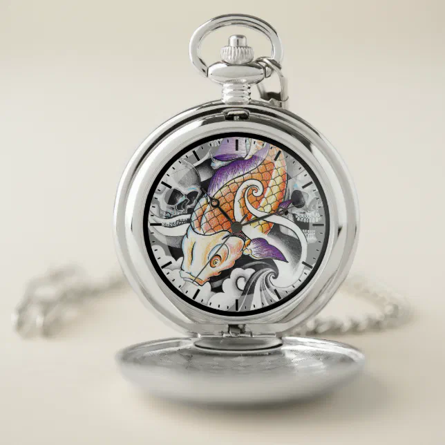 Cool oriental japanese tattoo ink skull koi fish pocket watch | Zazzle