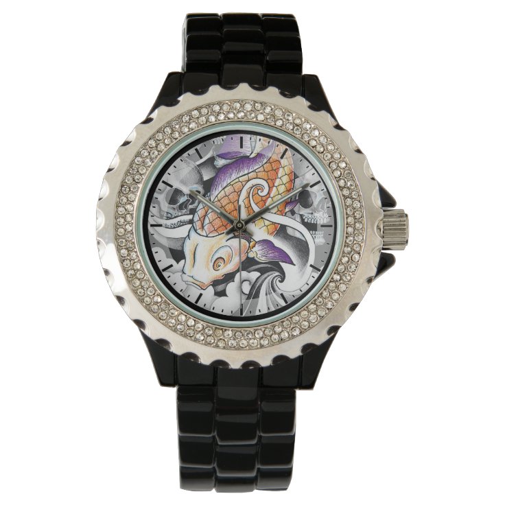 Cool oriental japanese tattoo ink skull koi fish watch | Zazzle