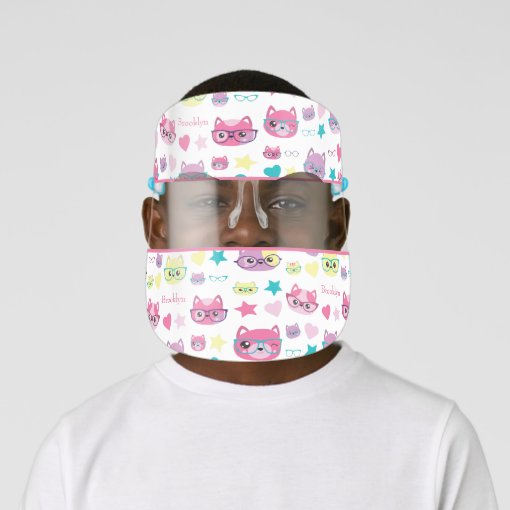 Cool Pastel Cats With Glasses Pattern, Pink Face Shield | Zazzle