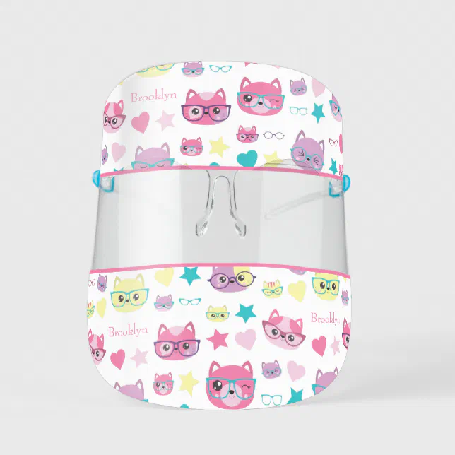 Cool Pastel Cats With Glasses Pattern, Pink Face Shield | Zazzle