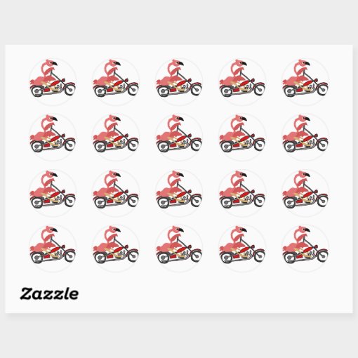 Cool Pink Flamingo Riding Motorcycle Cartoon Classic Round Sticker | Zazzle
