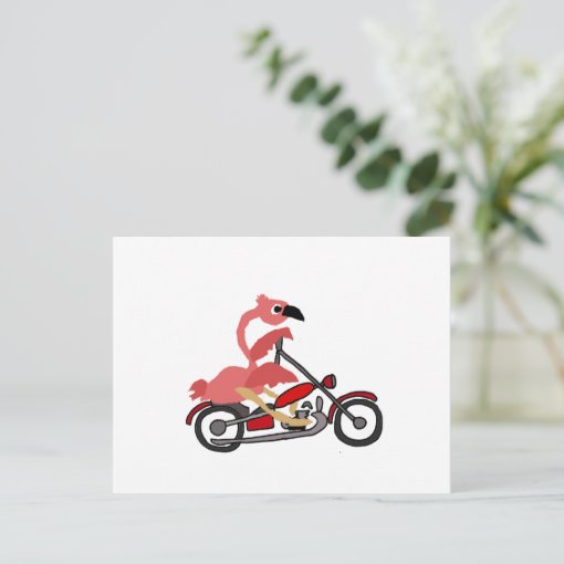 Cool Pink Flamingo Riding Motorcycle Cartoon Postcard | Zazzle