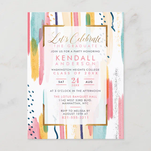 Cool Pink Watercolor Memphis Artistic Graduation Invitation Postcard ...