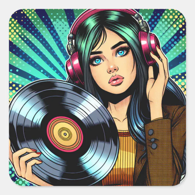 Cool Pop Art Comic Style Girl with Vinyl Album Square Sticker | Zazzle