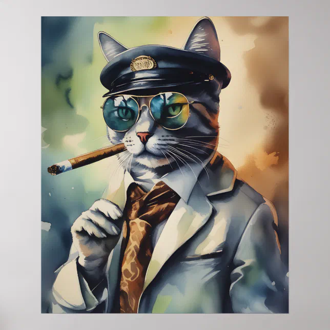 Cool Professor Cat Wall Art, Cigar Smoking Cat Poster | Zazzle