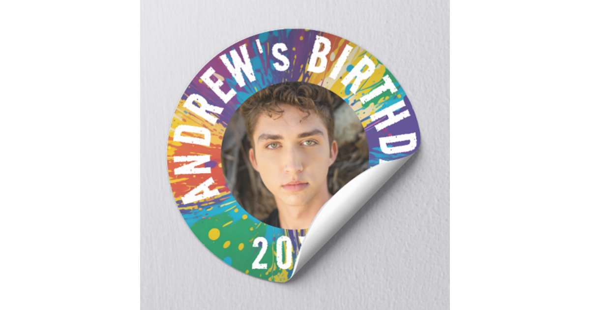 Cool Rainbow Blast Photo Paintball Birthday Party Classic Round Sticker ...