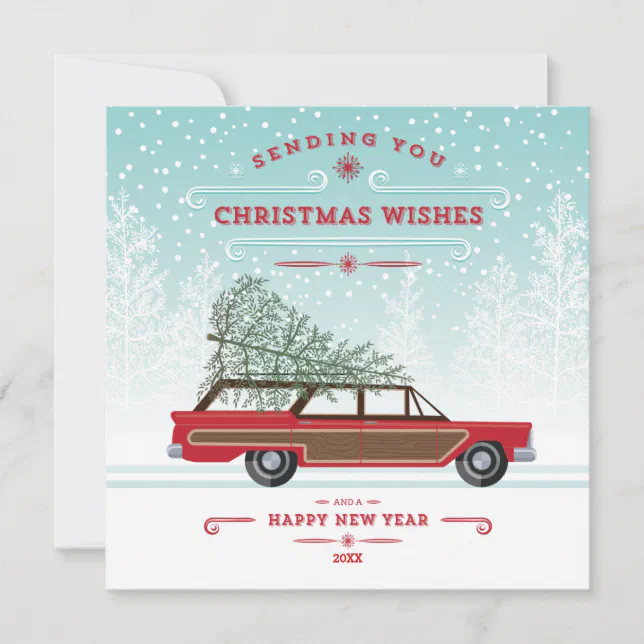 Cool Retro Car with Tree Christmas Photo Card | Zazzle