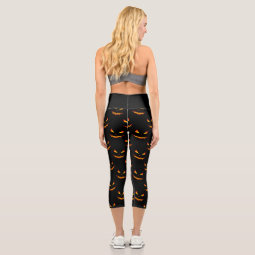 Cool scary Jack O'Lantern face Halloween pattern Capri Leggings | Zazzle