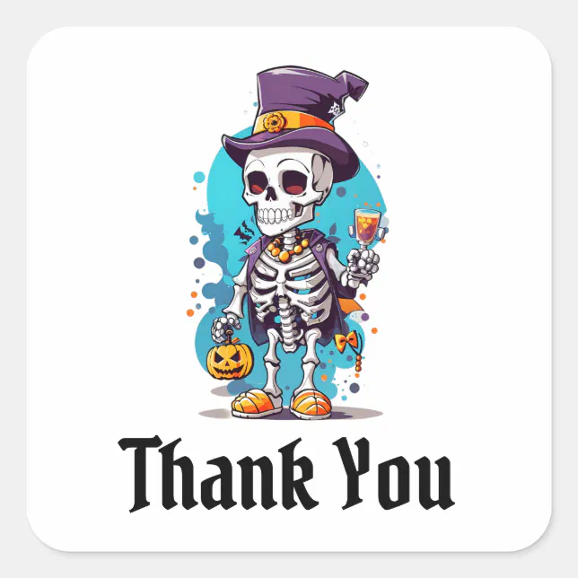 Cool Skeleton in a Top Hat Halloween Thank You Square Sticker | Zazzle
