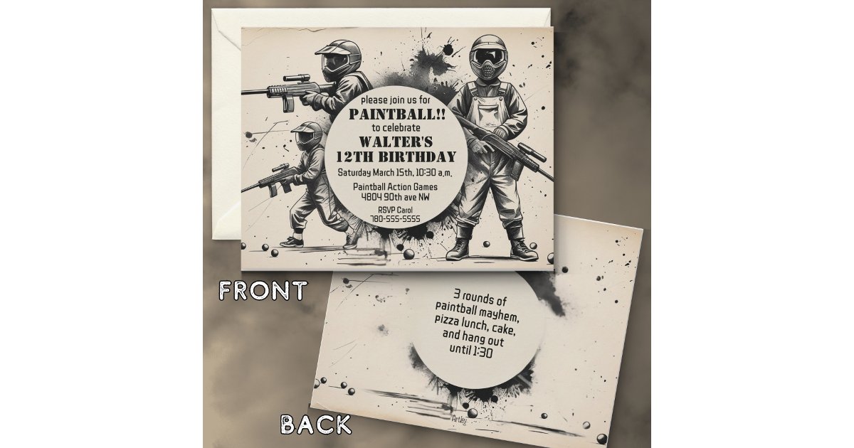 Cool Sketch Paintball Childs Birthday Party Invitation | Zazzle