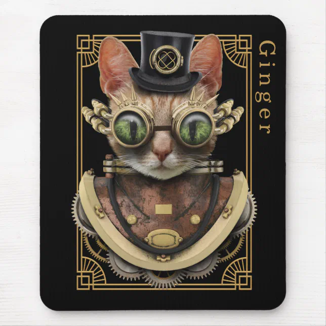 Cool Steampunk Orange Tabby Cat with Name Mouse Pad | Zazzle