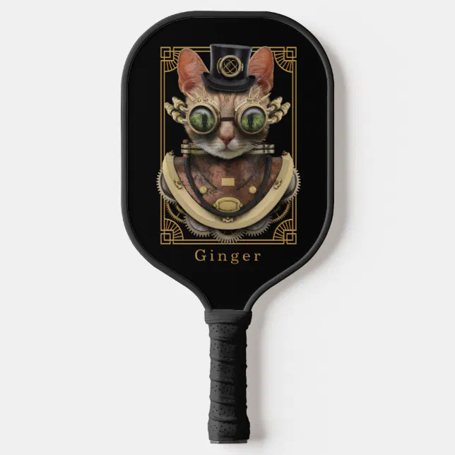 Cool Steampunk Orange Tabby Cat with Name Pickleball Paddle | Zazzle