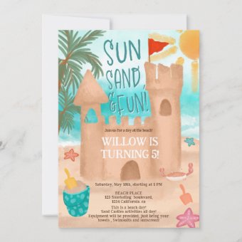 Cool Sun Fun Beach Party Sand Castle Kids birthday Invitation | Zazzle
