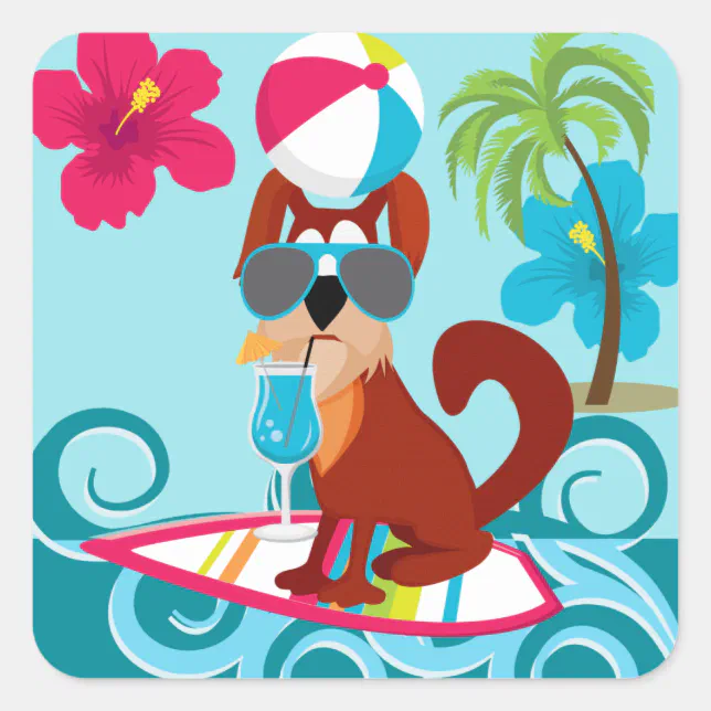 Cool Surfer Dog Surfboard Summer Beach Party Fun Square Sticker | Zazzle
