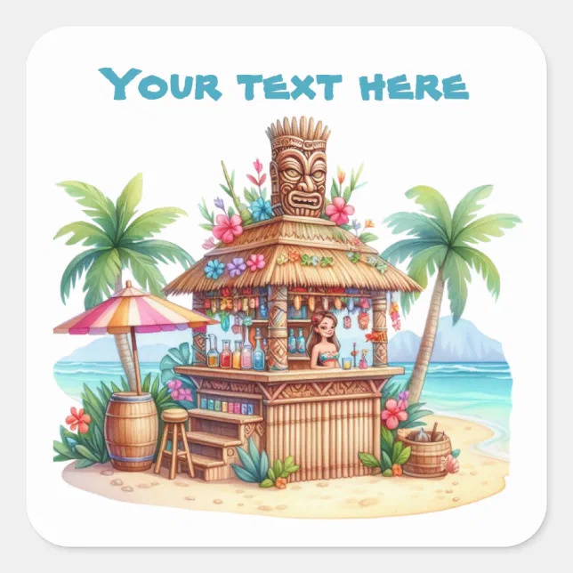 Cool tiki hut beach add text square sticker | Zazzle