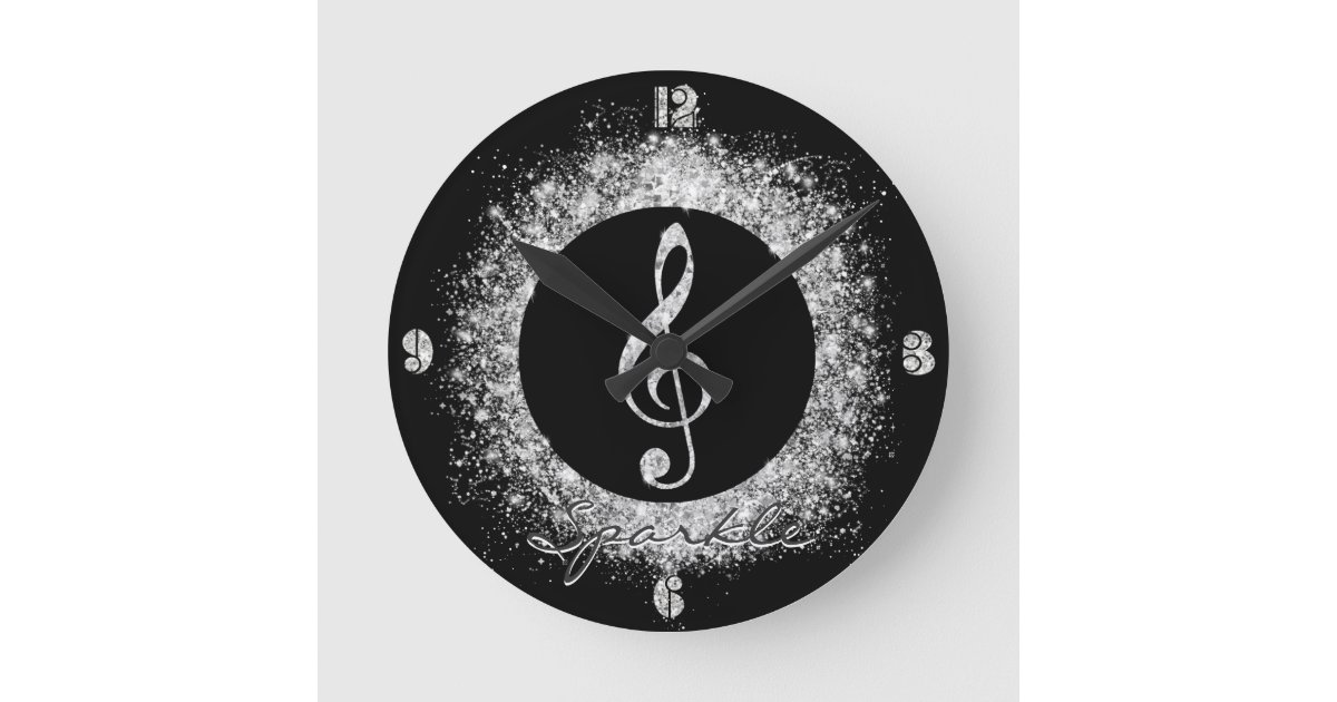Cool Trendy Music Treble Clef Glitter Sparkles Round Clock | Zazzle