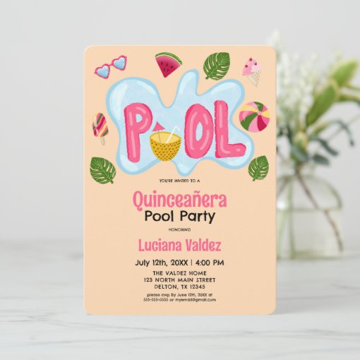 Cool Tropical Summer Pool Party Quinceañera Invitation | Zazzle