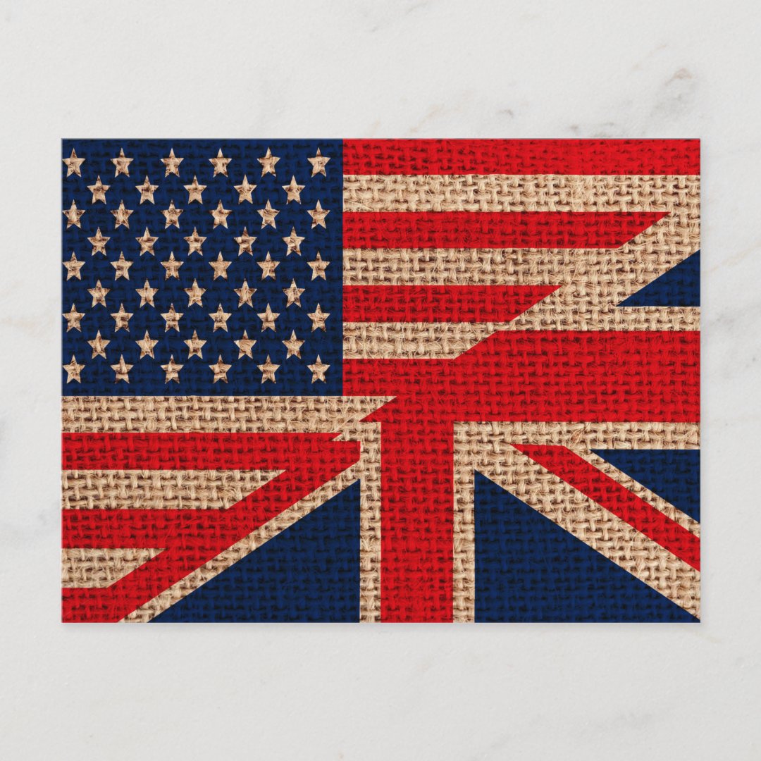 Cool usa union jack flags burlap texture effects postcard | Zazzle
