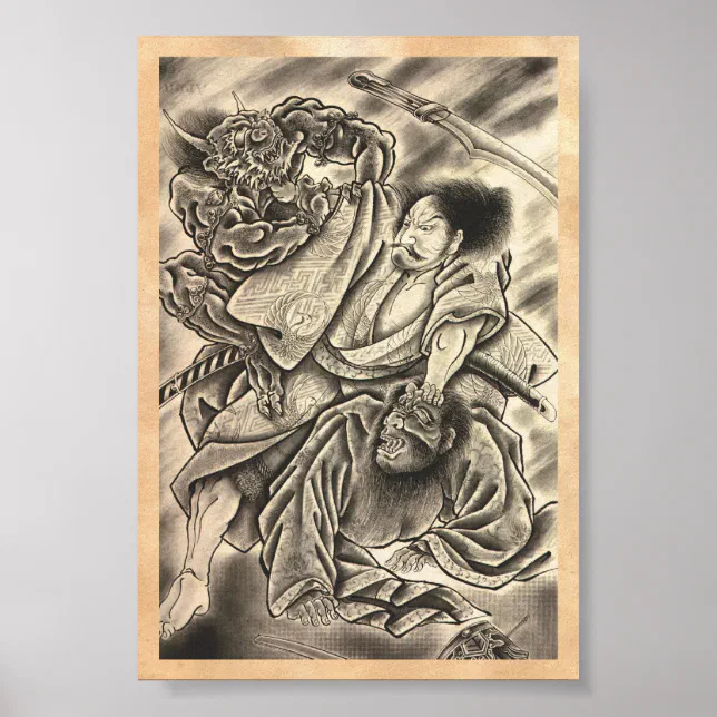 Cool vintage japanese samurai demon fight tattoo poster | Zazzle