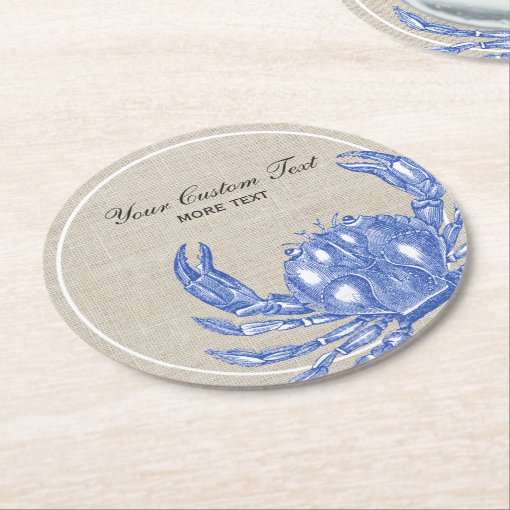 Cool Vintage Nautical Blue Crab Custom Beach Round Paper Coaster | Zazzle