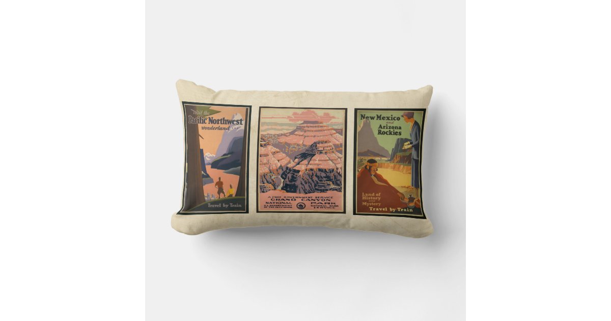 cool vintage three old travel posters on tan lumbar pillow | Zazzle