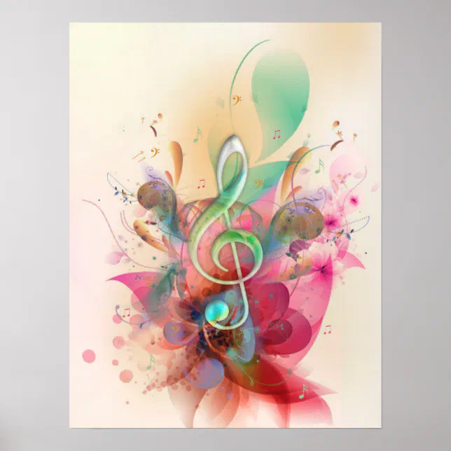 Cool watercolours treble clef music notes swirls poster | Zazzle