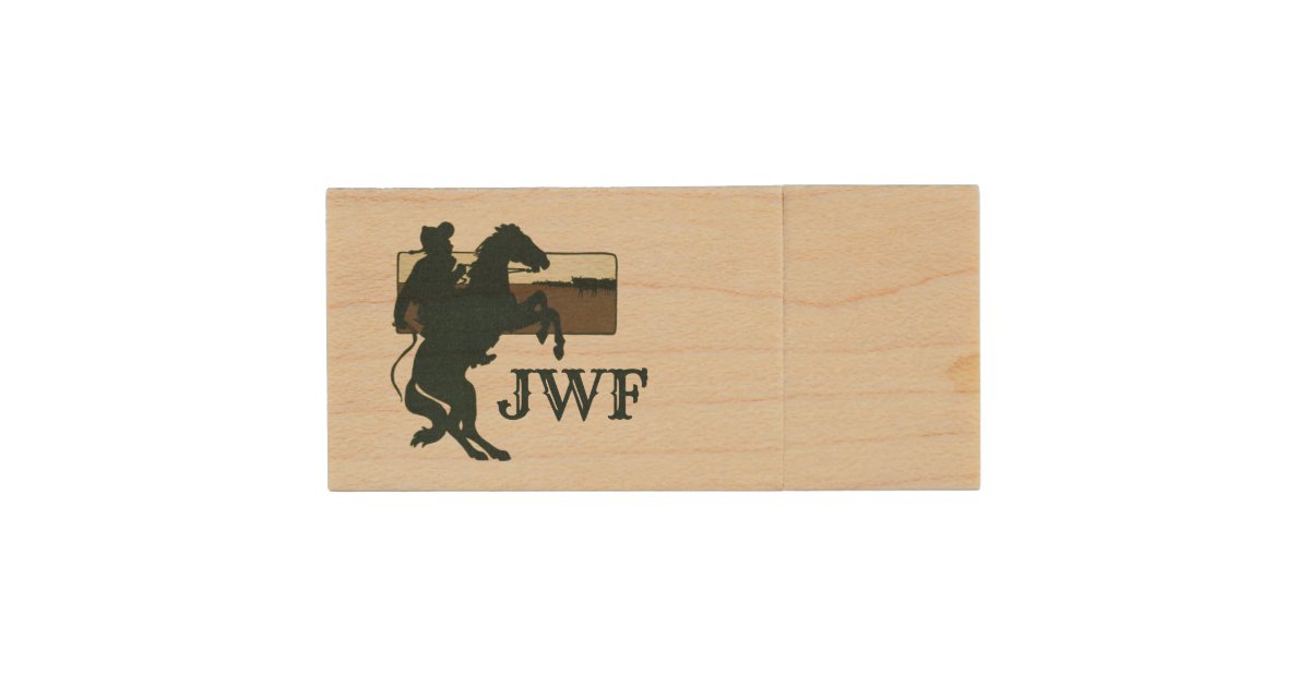Cool Western Cowboy on a Horse with Monogram Wood Flash Drive | Zazzle