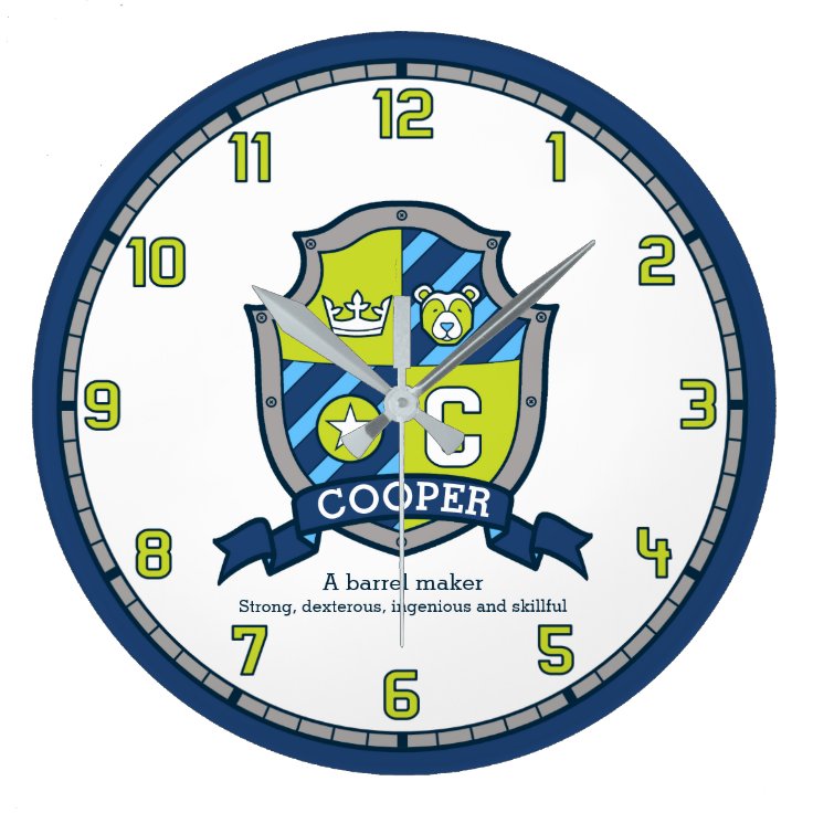 Cooper boys name meaning green blue bear shield large clock | Zazzle